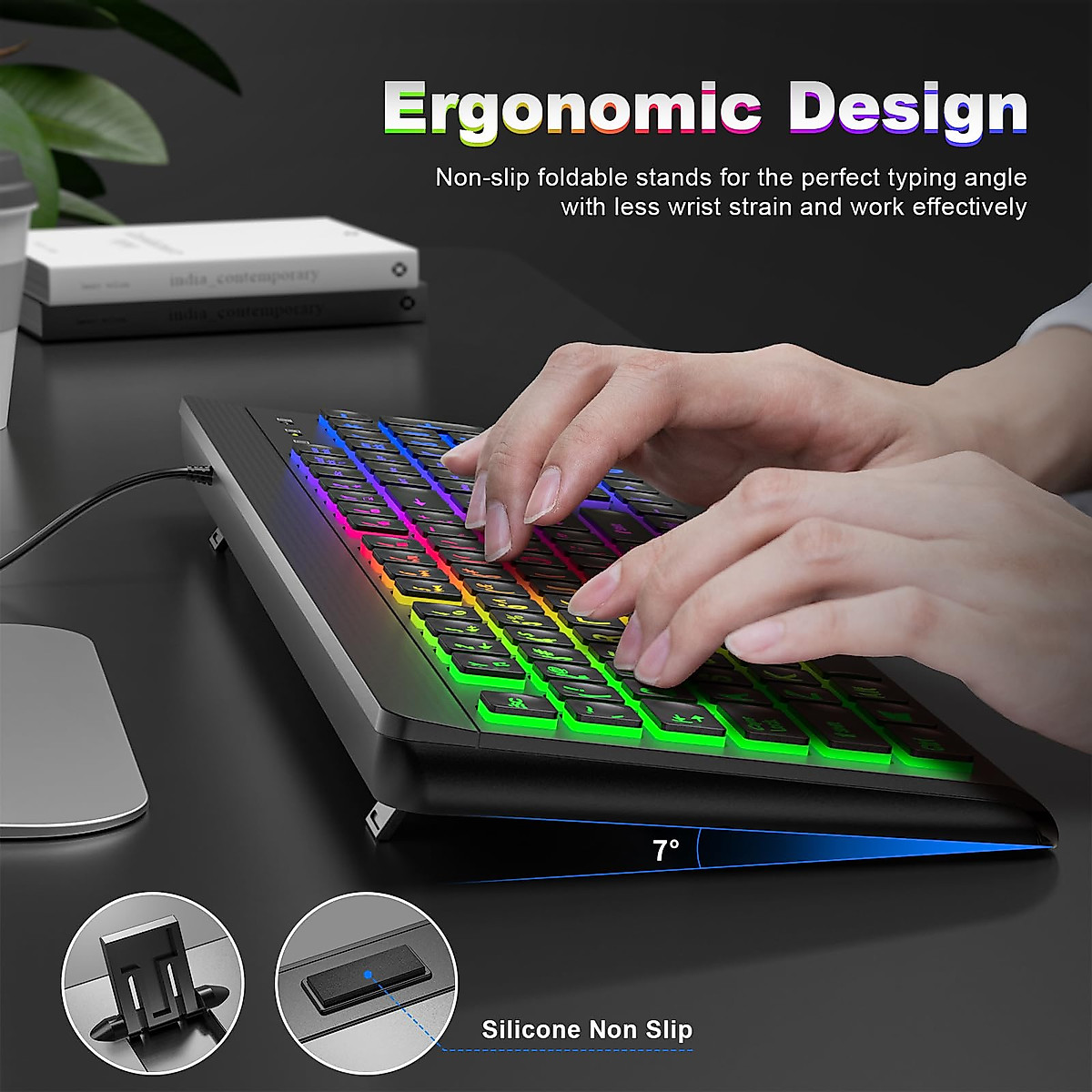 Meidosa Backlit Keyboard Wired Large Print, Computer Keyboard with Rainbow Illuminated LED, USB Keyboard with Numeric Keypad and Media Hotkey for Windows PC Laptop