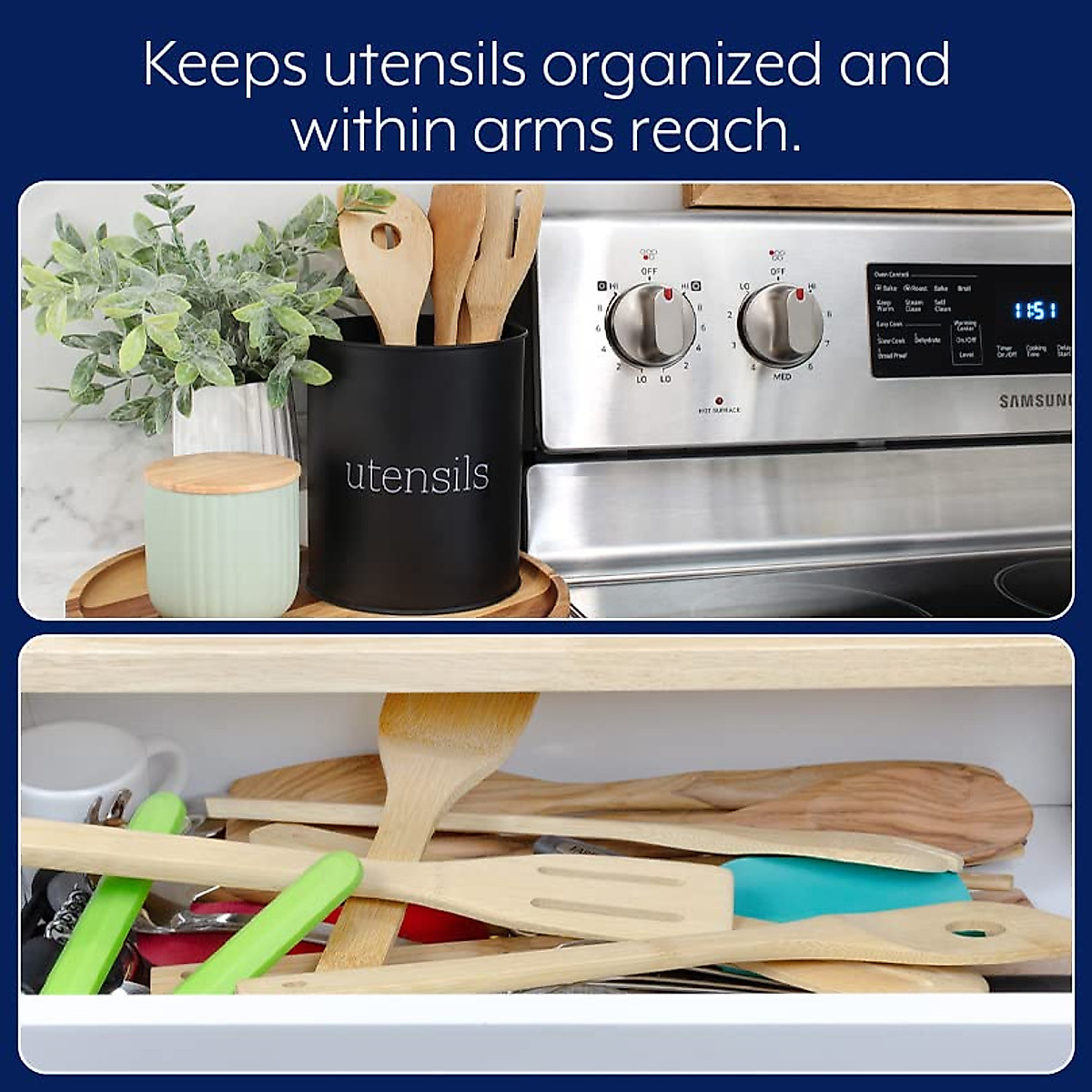 AuldHome Metal Utensil Holder (Black), Enamel Classic Style Round Kitchen Utensil Caddy