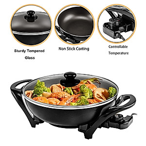 Electric Wok With Lid Nonstick - Electric Skillet Serves For 6 People, Portable Countertop Cooking Wok, 5-Dial Temperature Control, 13inch, Black