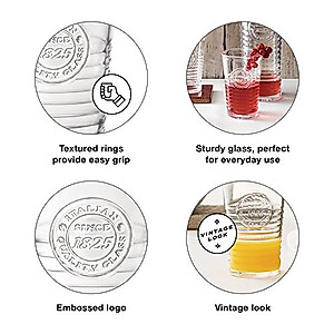 Bormioli Rocco Officina Water Glasses – Set Of 4 Clear Drinking Tumblers With Textured Ring Design & Vintage Stamp Logo – 11oz High Capacity Tall Cups For Soda, Juice, Milk, Coke, Beer, Spirits