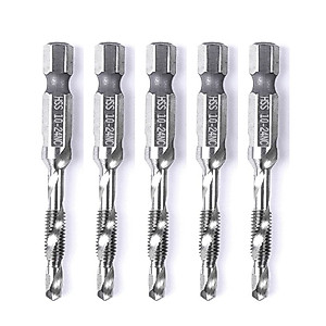 szgate 5PCS Combination Drill Tap Bit Set Screw Tapping Hex Shank HSS Metric/Imperial Plug Drill Bits Hand Tools 10-24NC,5mm