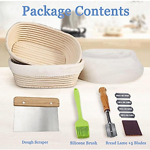 Bread Banneton Proofing Basket Set of 2,10 Inch Oval Cane Sourdough Baskets with Lame + Dough Scraper Linen Liner Basting Brush for Making Baking
