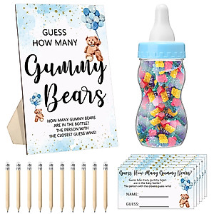 Qilery 122 Pcs Baby Shower Games Guess How Many Bears 100 Guessing Cards 20 Pencils 1 Baby Bottle 1 Wood Standing Sign for Baby Shower Games Gender Reveal Party Decoration (Blue)