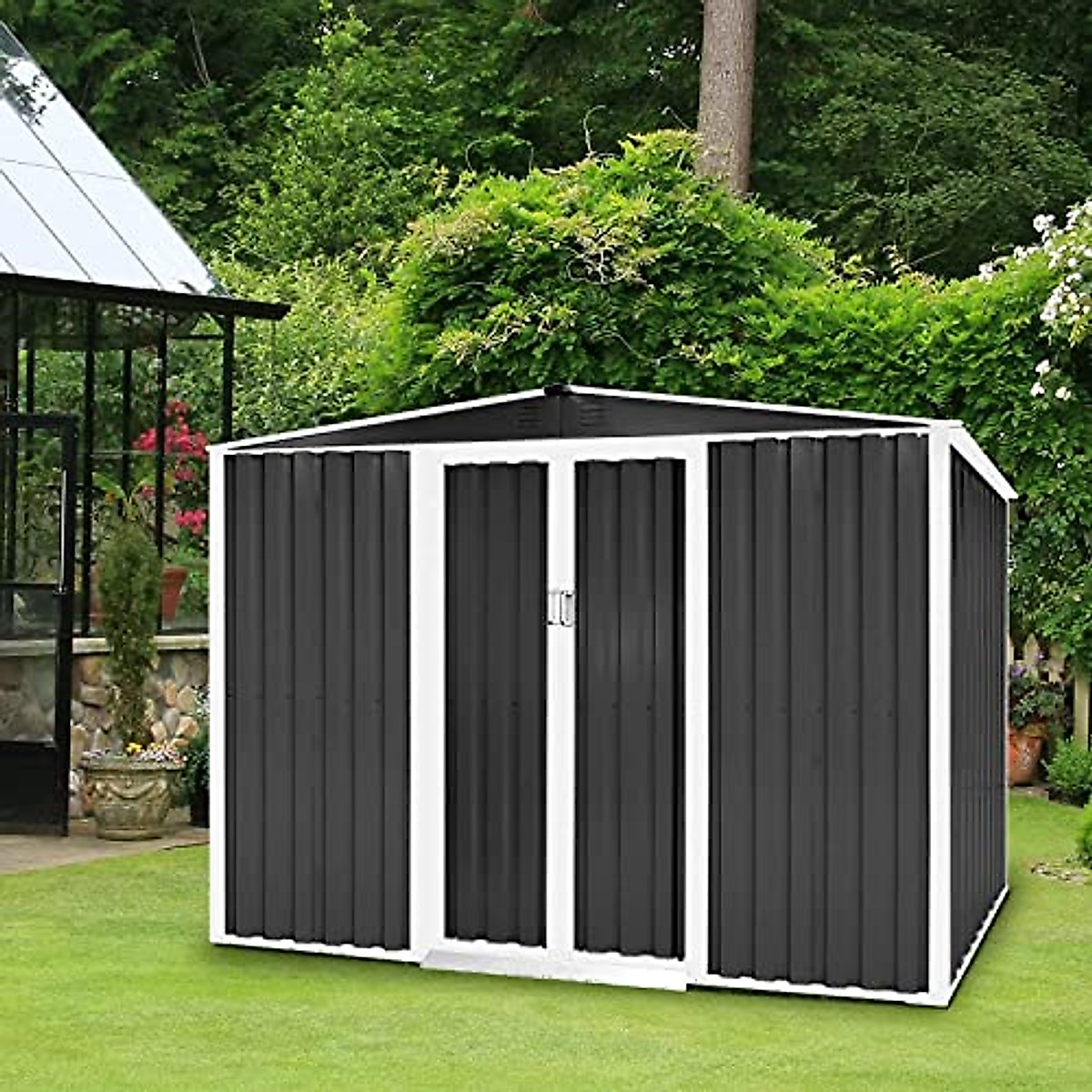 Oakmont Outdoor Garden Storage Shed 6' × 8' Feet Walk-in Garden Tool House with Double Sliding Doors, Yard Lawn (Grey)