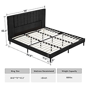 Flolinda King Size Platform Bed Frame with Velvet Upholstered Headboard and Wooden Slats Support, Fully Upholstered Mattress Foundation/No Box Spring Needed/Easy Assembly, Black