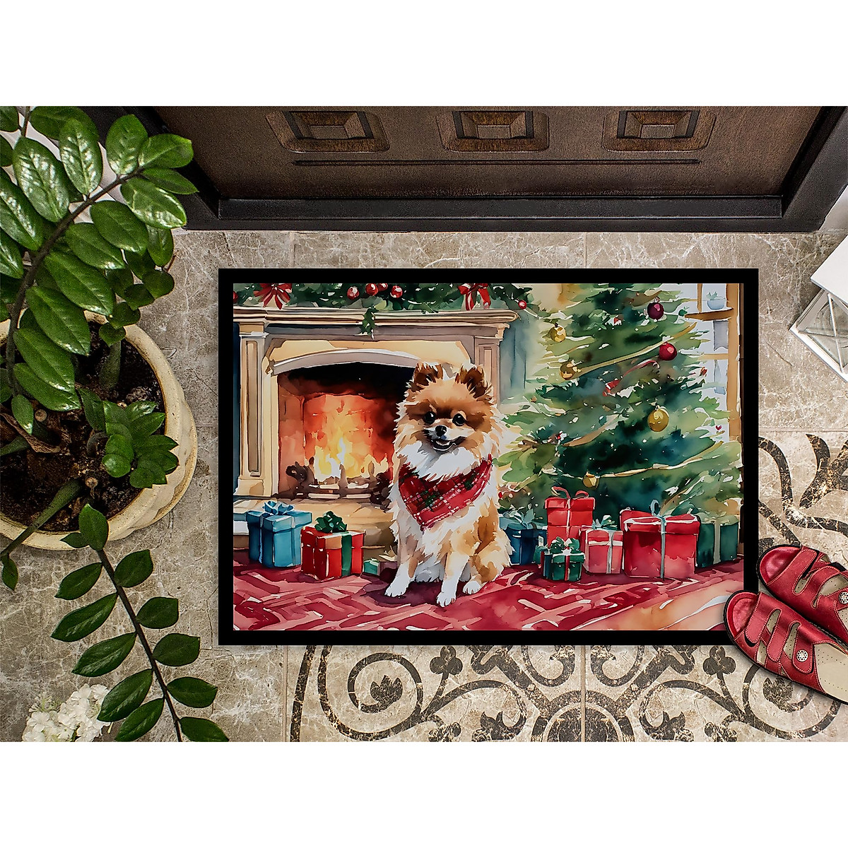 Caroline's Treasures DAC2723MAT Pomeranian Cozy Christmas Doormat Front Door Mat Indoor Outdoor Rugs for Entryway, Non Slip Washable Low Pile, 18H X 27W