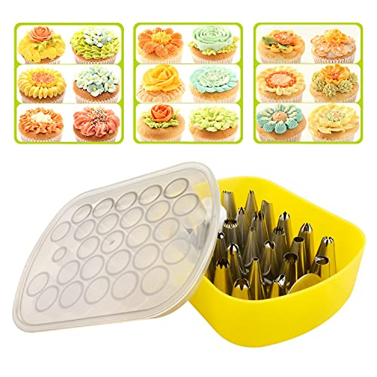 FIVETAS Cake Decorating Kit-27Numbered Icing Tips,50 Pastry Bags.6 Scrapers,1 Flower Nail,1 Piping Nozzles Coupler,1 Plastic Box and 1 Pattern Chart.