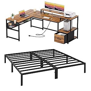 GreenForest King Size Bed Frame Easy Quick Assembly Metal Platform Bed Base and 69 inch L Shaped Desk with Drawers and Power Outlet and USB Ports