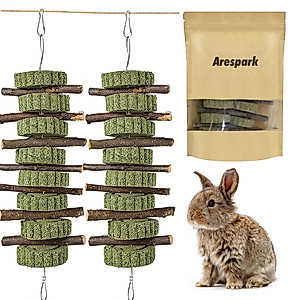 Arespark Pack-2 Rabbit Chew Toys, Organic Bunny Toys Apple Wood Branches/Timothy Hay Straw Cakes, Teeth Grinding Chew Treats for Guinea Pig Hamster Bunny Small Rodent, Juguetes para Conejos