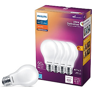 PHILIPS LED Flicker-Free Frosted Dimmable A19 Light Bulb - EyeComfort Technology - 450 Lumen - Soft White (2700K) - 5W=40W - E26 Base - Title 20 Certified - Ultra Definition - Indoor - 4-Pack