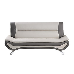 Benjara Elle 78 Inch Sofa, Faux Leather, Metal Legs, Solid Wood Frame, Beige, Gray and Chrome