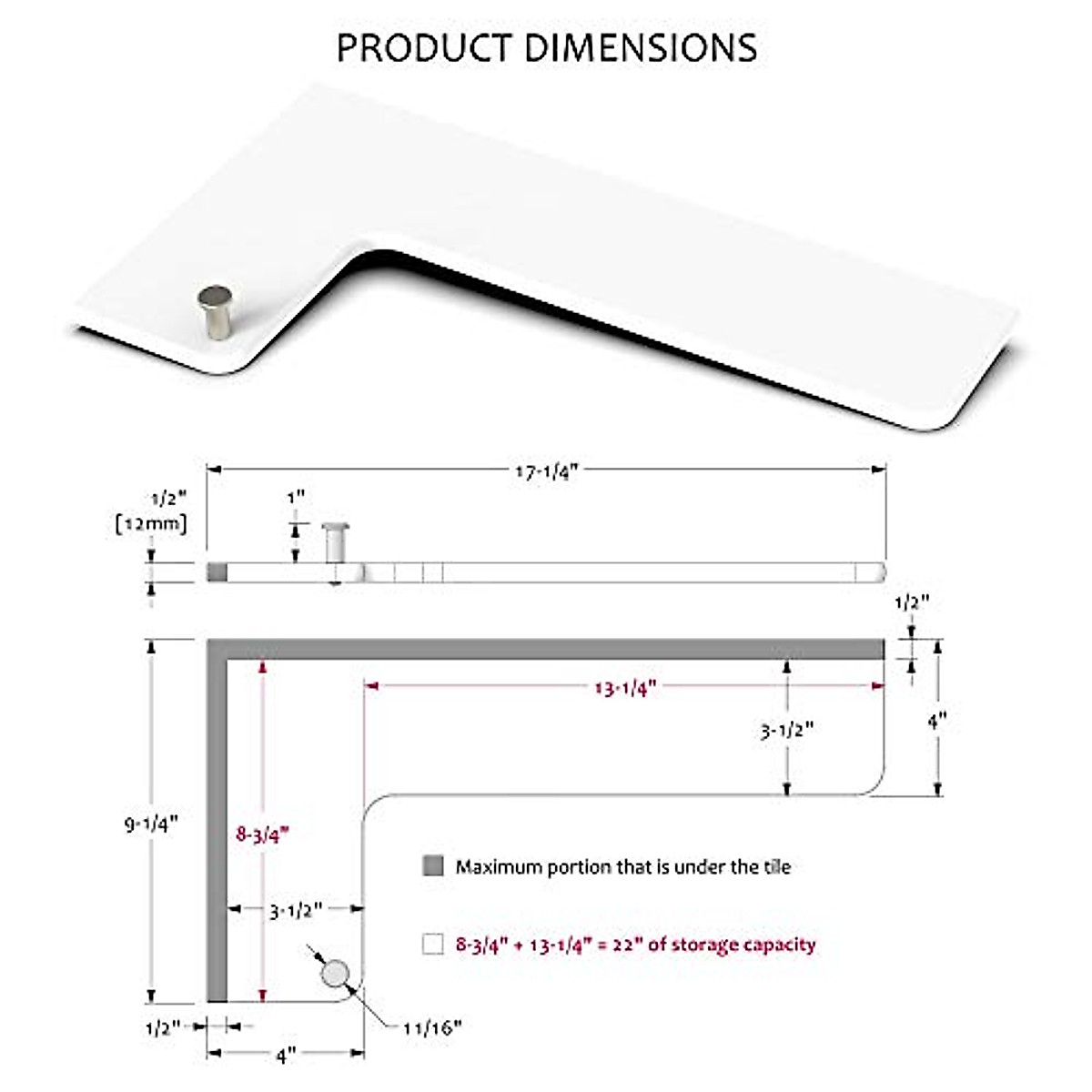 TileWare Corner Shelf for Bathroom Shower & Tub with Sponge or Loofah Hook, Bath - Floating Tile Wall Mount Shelves & Organizer Stand for Shampoo & Bathtub Accessories (Brushed Nickel - Hook)
