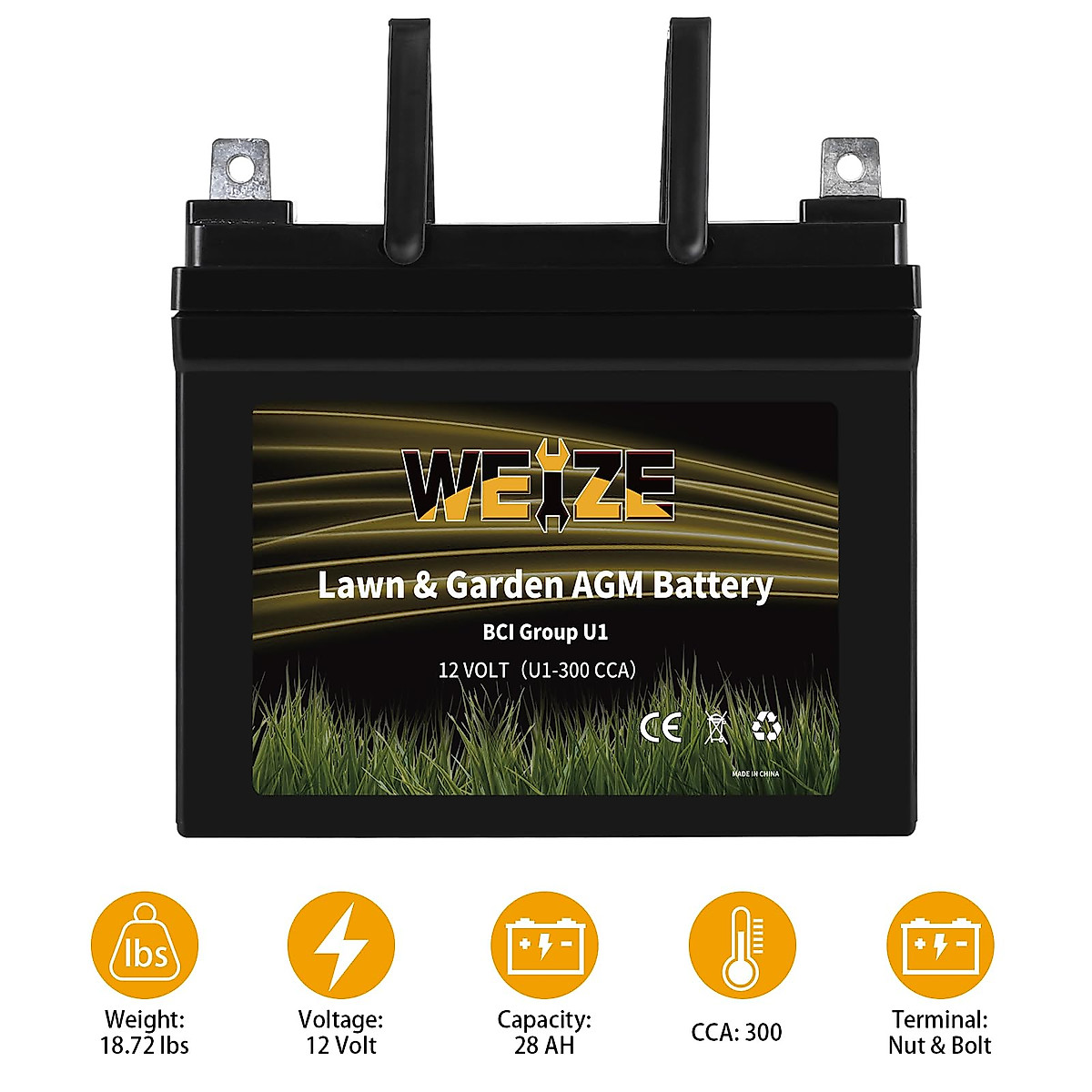 WEIZE Lawn & Garden AGM Battery, 12V 300CCA BCI Group U1 SLA Starting Battery for Lawn, Tractors and Mowers, Compatible with John Deere, Toro, Cub Cadet, and Craftsman