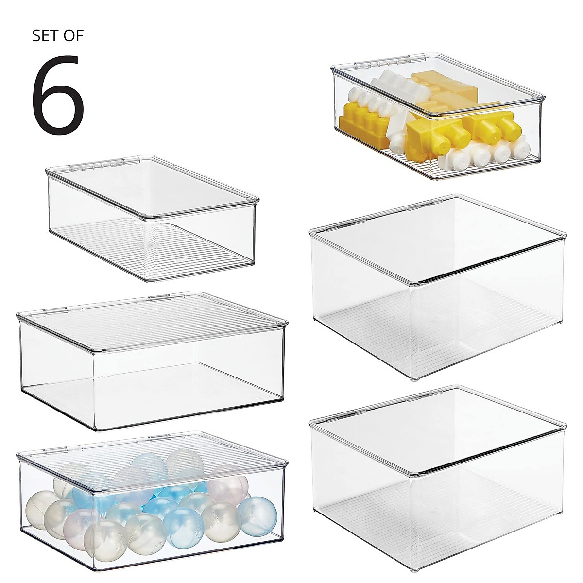 mDesign Plastic Stackable Playroom/Game Organizer Storage Box with Hinged Lid for Shelves, Cubbies, Holds Toys, Blocks, Puzzles, Controllers, or Crayons, Set of 6, Clear