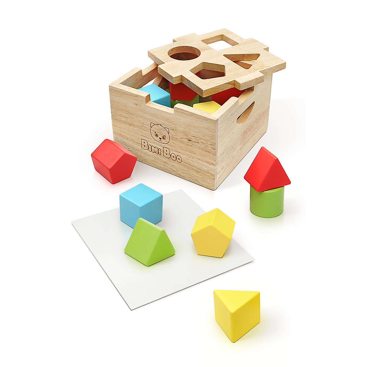 Bimi Boo Wooden Shape Sorter Toy for Babies - Classic Montessori Shape Sorter with Noise-Reducing Silicone Pad - Perfect Sorting Toy for Toddlers (8 Various Blocks, 1 Box, 1 Silicone Pad)