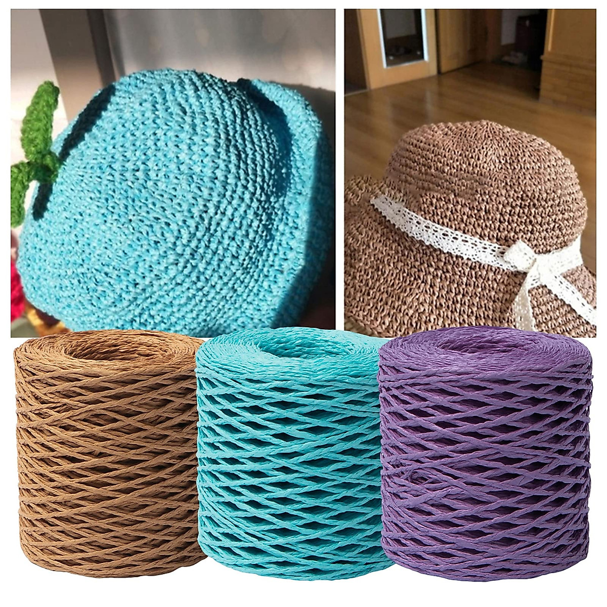 Altsuceser Hand Crocheting Straw Braided Yarn, DIY Knit Yarn Straw Raffia Yarn Crochet Cotton Straw Braided Thread for Summer Sun Hat, Beach Bag Navy Blue