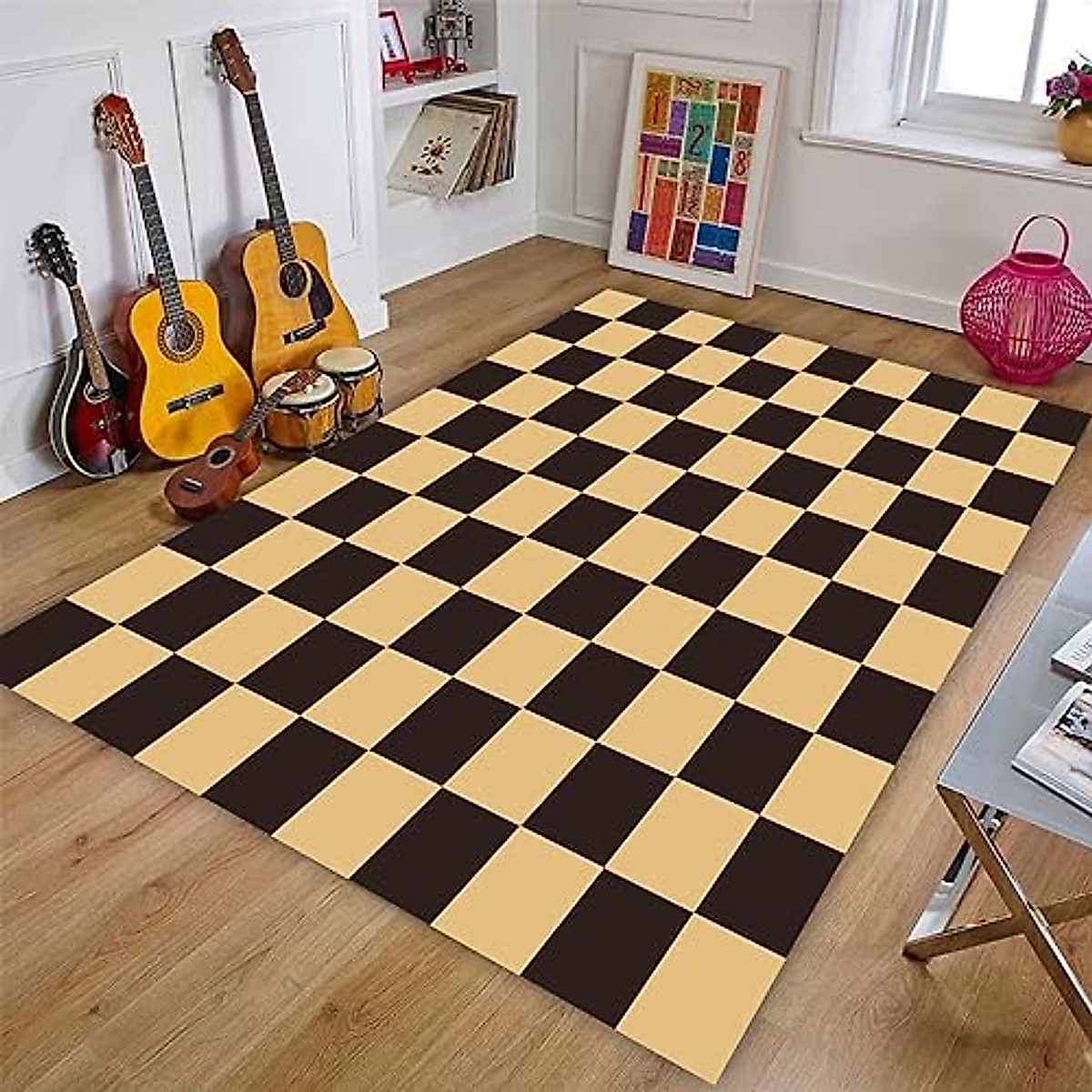 Vector Chess Field in Black Beige Area Rugs for Living Room 2x4ft/24x48in/60x120cm, Living Room Bedroom Area Rug Fluffy Plush High Pile Carpet