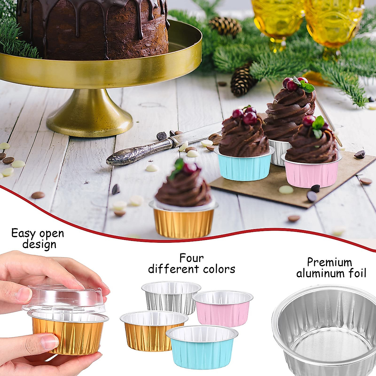150 Pcs Cupcake Liners with Lids 5 oz Aluminum Foil Cupcake Baking Cups Disposable Ramekins Muffin Cups Mini Aluminum Pans with Lids Cupcake Holder for Creme Brulee or Cupcake(Gold Silver Pink Blue)