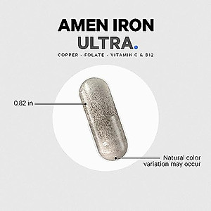 Amen Iron Ultra Supplement + Copper, Folate, Vitamin C and Vitamin B12-2-Month Supply - Ferrous Sulfate Iron Vitamin - Iron 65mg Per Serving - Iron Folic Acid - Non-GMO Iron Pills - 60 Capsules