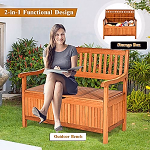 Tangkula Wooden Outdoor Storage Bench Large Deck Box, Entryway Storage Bench w/Inner Removable Dustproof Lining and Portable Handles for Patio Garden Balcony Yard (Natural)
