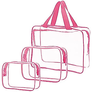 Veki 3Pcs Set Crystal Clear Toiletry Bag TSA Approved Makeup Bag Quart Size Cosmetic Bag Waterproof Travel Bags for Women Men Portable Carry on Airport Airline Compliant Bag (Rose Red)