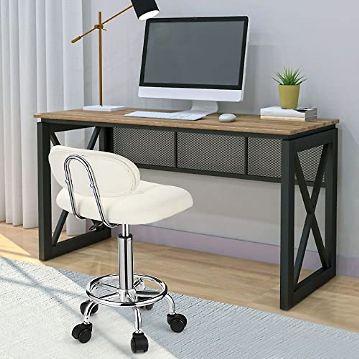 FNZIR Square Rolling Stools with Backrest Height Adjustable Swivel Stool with Wheels White