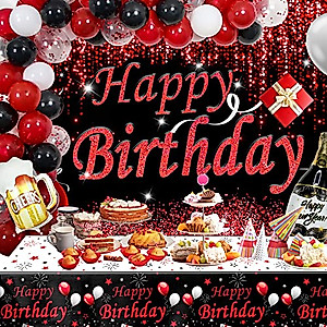 Red and Black Party Decorations, Happy Birthday Decorations for Men Women with Photography Backdrop & Tablecloth Balloons Arch Kit Banner Birthday Party Supplies Beer Bday Decor with Table Cover