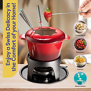 Klee 12-Piece Cast Iron Fondue Set with Red Fondue Pot, 6 Fondue Forks, Fondue Burner and Fondue Pot Base, 44 oz