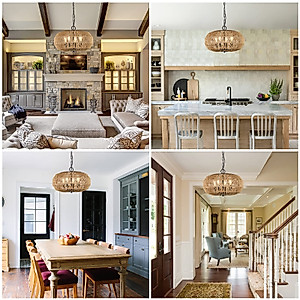 Farmhouse Rattan Pendant Lights, 15.7" 4-Light Boho Chandelier Light Fixture, Wicker Hand Woven Basket Pendant Hanging for Dining Room Living Room Kitchen Island Bedroom Foyer, Height Adjustable