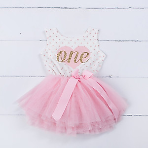 Grace & Lucille - Dress First Birthday | Pink Polka Dot Tutu Dress | Sleeveless Gold Sequin Heart Dress | 12-24 Months | 1T / 2T | Pink Polka Dot