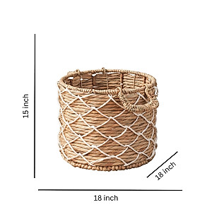 Woven Water Hyacinth Wicker with Rope Storage Basket (18" x 18" x 15" - Natural Brown) - Ideal for Halloween, Thanksgiving, and Home Organization