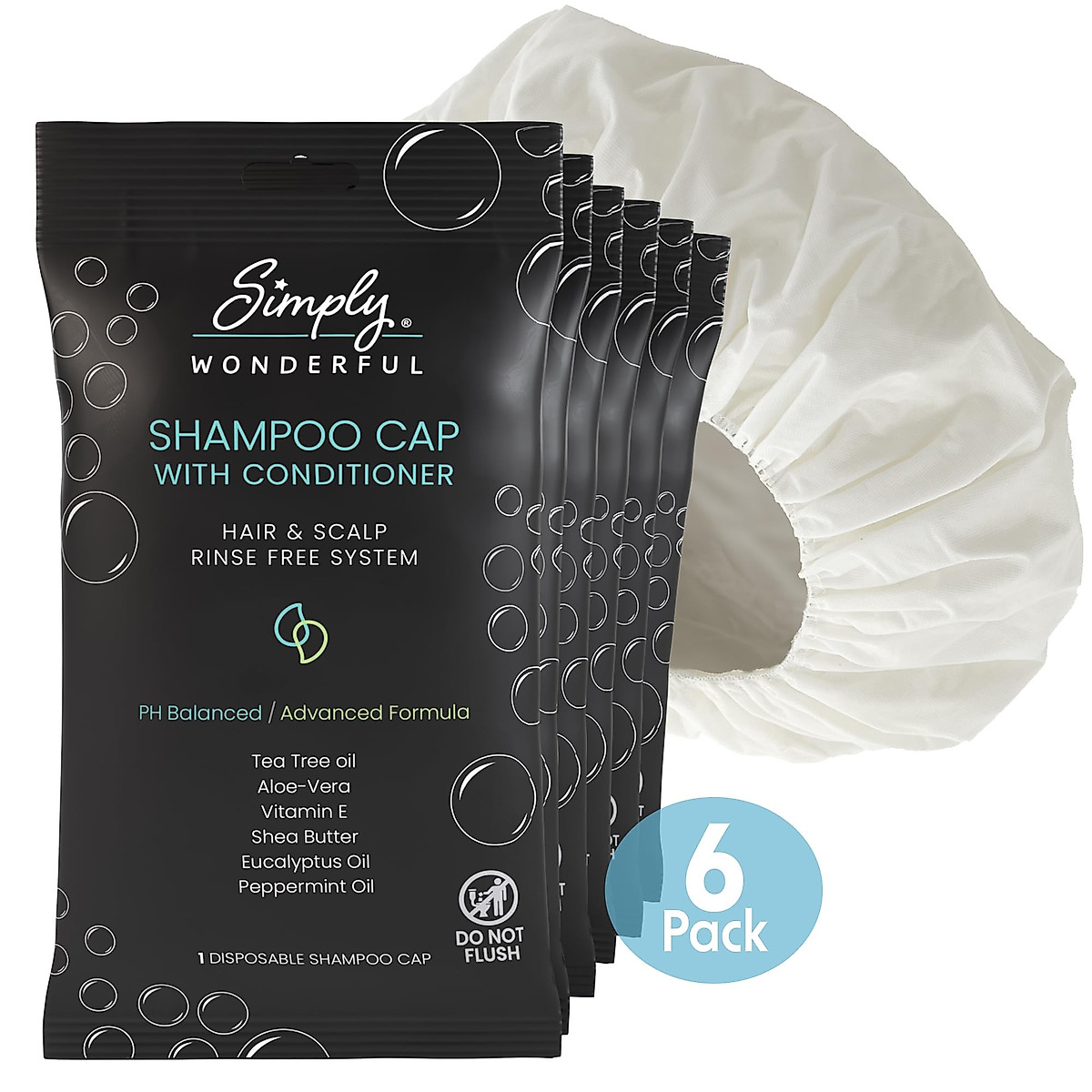 Simply Wonderful Shampoo Caps No Rinse with Conditioner for Hair & Scalp - Advanced Formula w/Aloe-Vera, Eucalyptus, Peppermint & Tea Tree Oil 1 Count (Pack of 6)