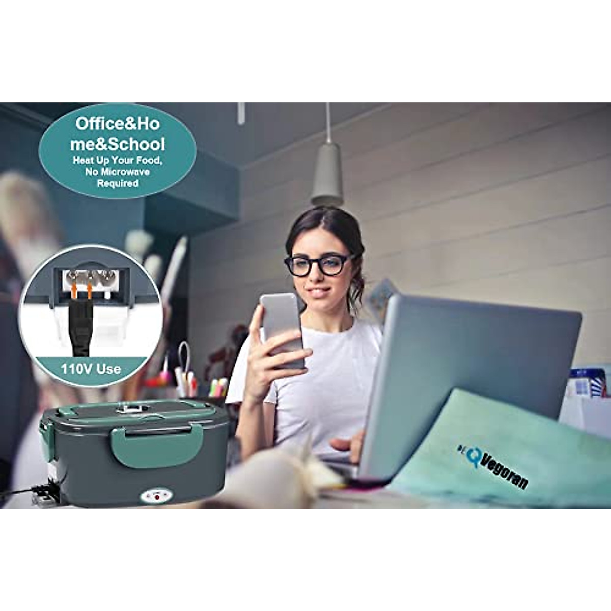 Vegoran Electric Lunch Box Food Heater,2 in 1 Portable Faster Food Warmer with 1.5L Removable Stainless Steel Container for Car/Truck/Home Work Adults, 12v/24v/110v/60w (Dark Green)