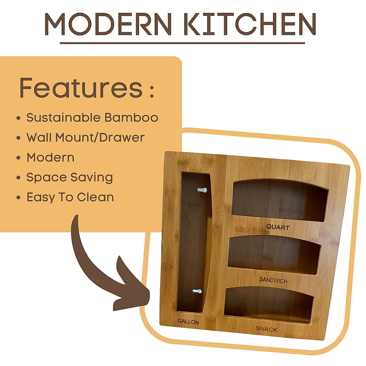 Ziplock Bag Organizer - Bamboo Sandwich/Storage Bag Organizer Kitchen Drawer or Wall, Food Storage Bag Organizer, Fits Four (4) Bag Sizes, Universally Compatible