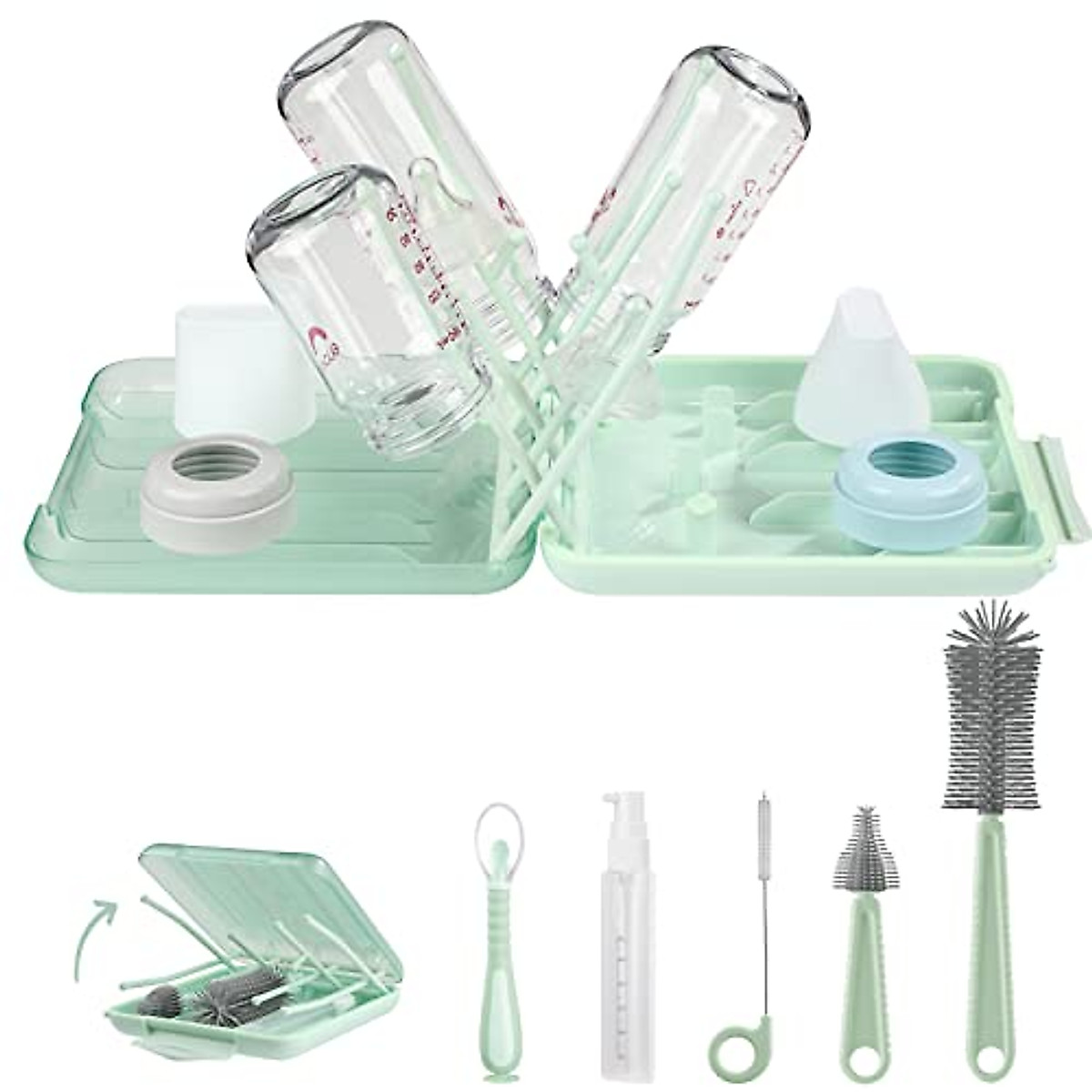 Hineriaeo Baby Bottle Drying Rack Kit, 7 in 1 Cleaner Set with Drying Rack,Silicone Bottle Brush,Straw Brush,Nipple Brush,Soap Dispenser,Spoon,Storage Box, Portable Baby Essentials for Home & Travel