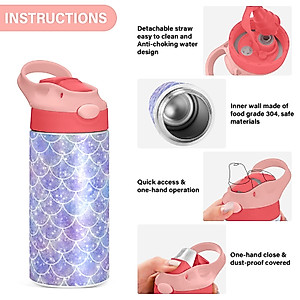 MCHIVER Mermaid Scales Kids Water Bottle with Straw Insulated Stainless Steel Kids Water Bottle Thermos for School Boys Girls Leak Proof Cups 12 oz / 350 ml Pink Top