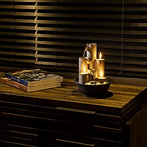 Alpine Corporation Tiered Column Tabletop Fountain with 3 Candles, Mini Waterfall for Indoor Spaces, Relaxation Water Feature, 11" Tall, Brown