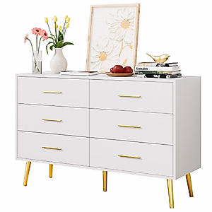 LYNSOM White Dresser for Bedroom, 6 Drawer Wood Double Dresser with Gold Handles, Modern Wide Chest of Organizer Storage Drawers for Living Room, Hallway, Entryway