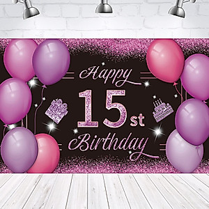Happy 15st Birthday Backdrop Banner Pink Purple 15th Sign Poster 15 Birthday Party Supplies for Anniversary Photo Booth Photography Background Birthday Party Decorations, 72.8 x 43.3 Inch