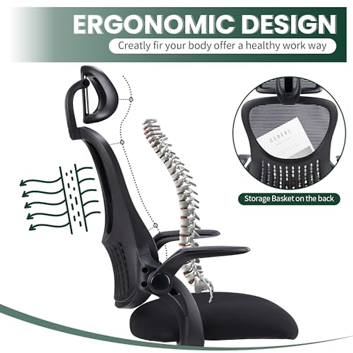 Home Office Desk Chair, Ergonomic Mesh High Back Computer Chair Height Adjustable Swivel Task Chair with Headrest and Flip-up Armrests, Black