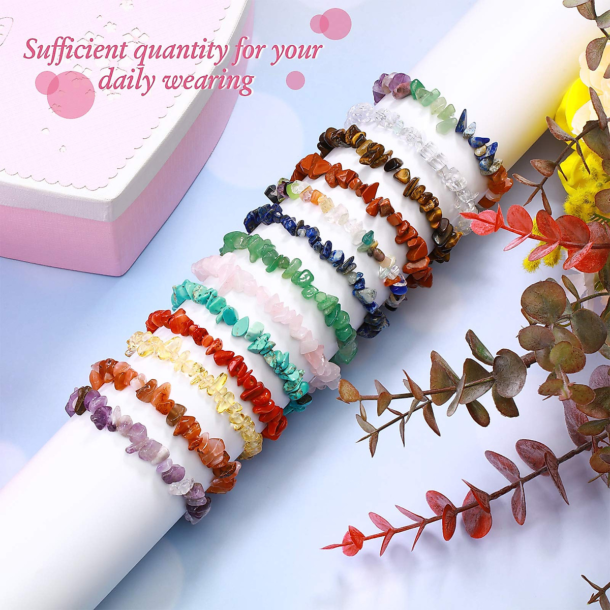 Hicarer 15 Pieces Crystal Bracelets Set Natural Gemstone Stretch Bracelets Spiritual Healing Crystals Summer Beach Jewelry Irregular Chips Bracelet for Women Gifts(Classic Style)