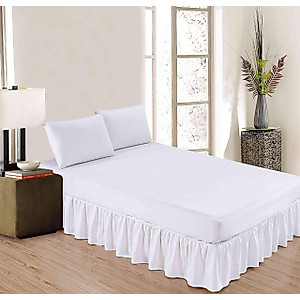 Sheets & Beyond Wrap Around Solid Microfiber Luxury Hotel Quality Fabric Bedroom Gathered Ruffled Bedding Bed Skirt 14 Inch Drop (Queen, White)