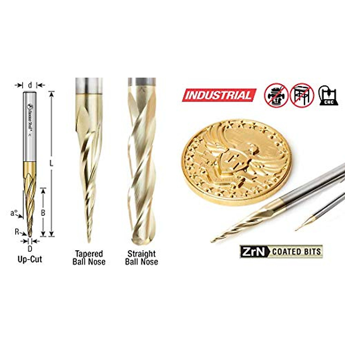 Amana Tool - 46281 CNC 2D & 3D Carving 3.6 Deg Tapered Angle Ball Tip 1/16 Dia x 1/32 Ra