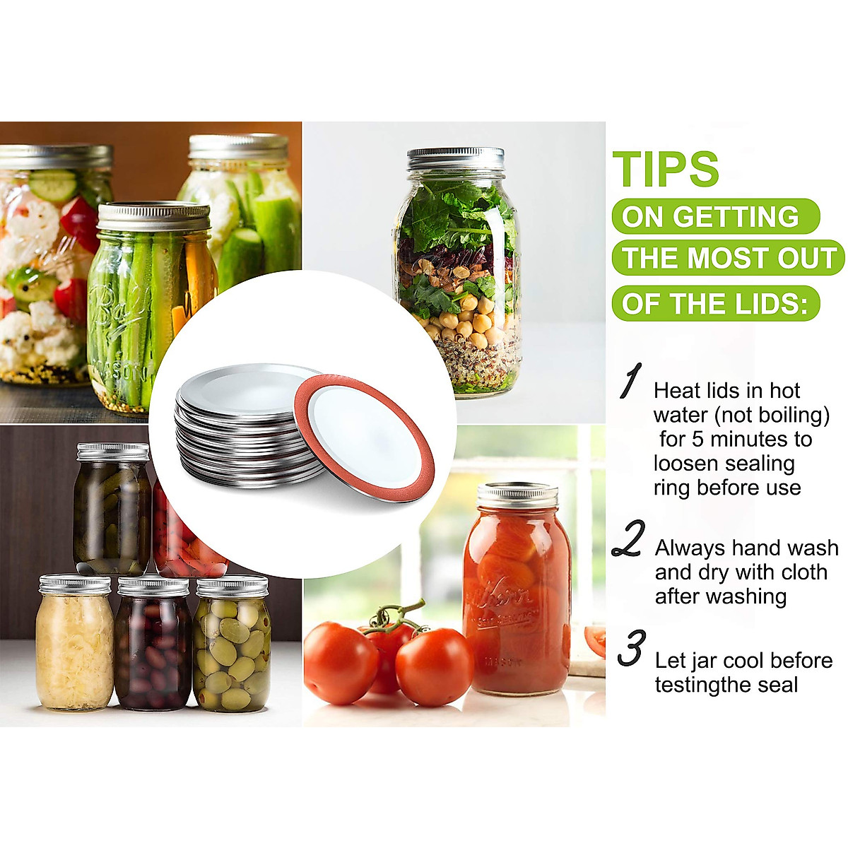 Mason Jar Lids Regular Mouth Canning Lids for Ball, Kerr Jars - 24-Count Split-Type with Leak proof & Airtight Seal Features, Metal Mason Jar Lids for Canning - Food Grade Material, Silver/70 MM