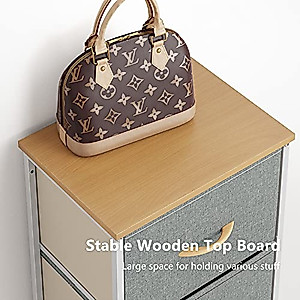 FEZIBO 2 Drawers Fabric Dresser, Nightstand for Bedroom, Small Storage Tower Organizer Unit for Closet Hallway Entryway Nursery Room, Steel Frame, Wood Top, Linen