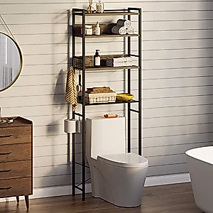 Rolanstar Over The Toilet Storage, 4-Tier Wooden Bathroom Space Saver with Hooks, Freestanding Bathroom Organizer, Multifunctional Over The Toilet Storage Rack, Bathroom Toilet Rack, Gray