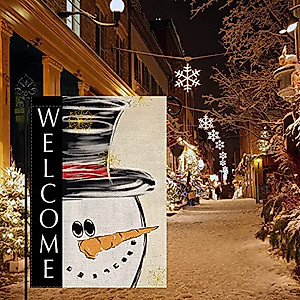 Winter Christmas Garden Flag Snowoman Welcome Snowflakes Vertical Double Sided Rustic Burlap Outdoor 12.5 x 18 Inch Seasonal Holiday Outdoor Decorations Farmhouse Yard Decor