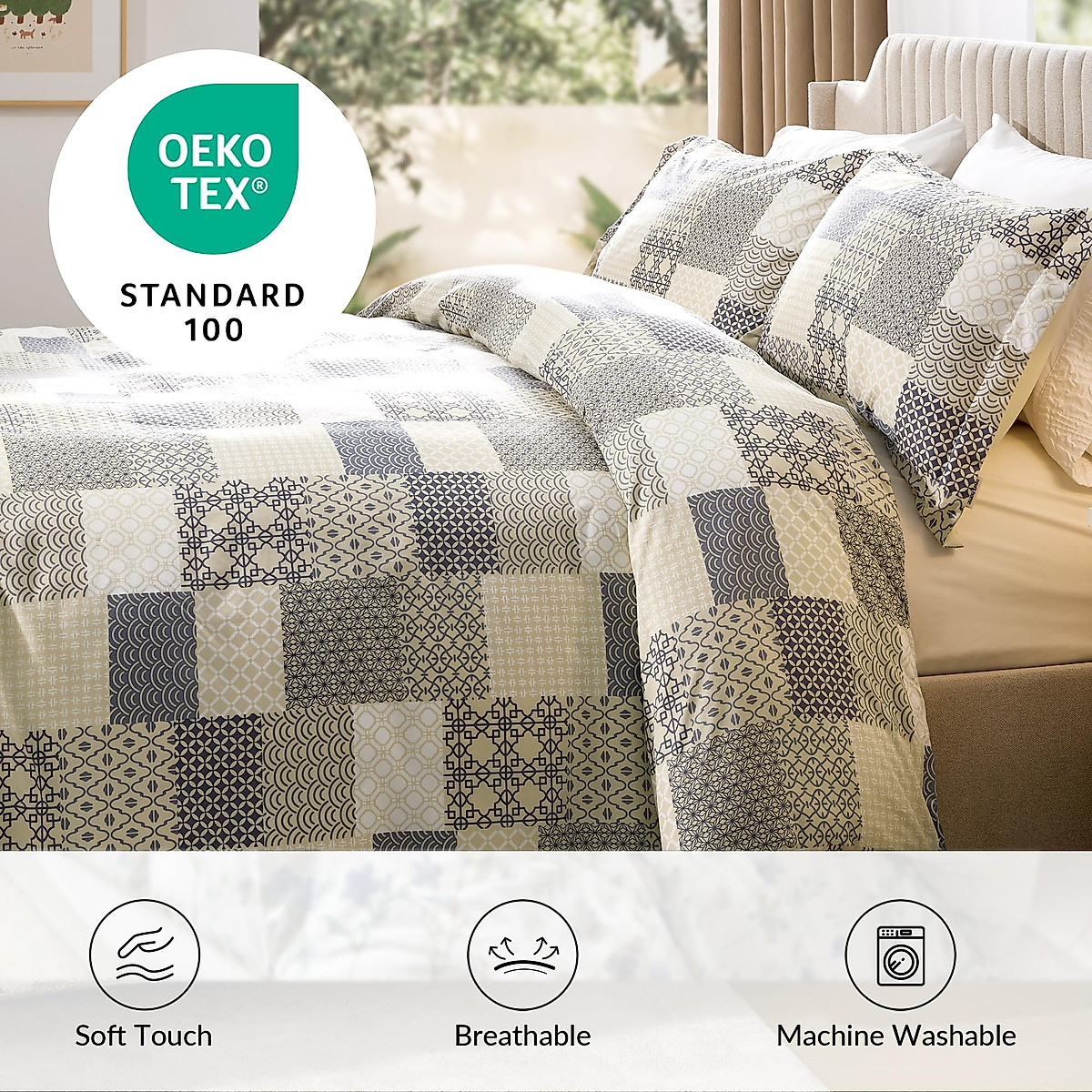 TINA'S HOME Duvet Cover Queen Size, Reversible Plaid Duvet Cover Set with Zipper Closure, 3 Pieces Bedding Set, 1 Duvet Cover 90"x90" & 2 Pillow Shams 20"x26"