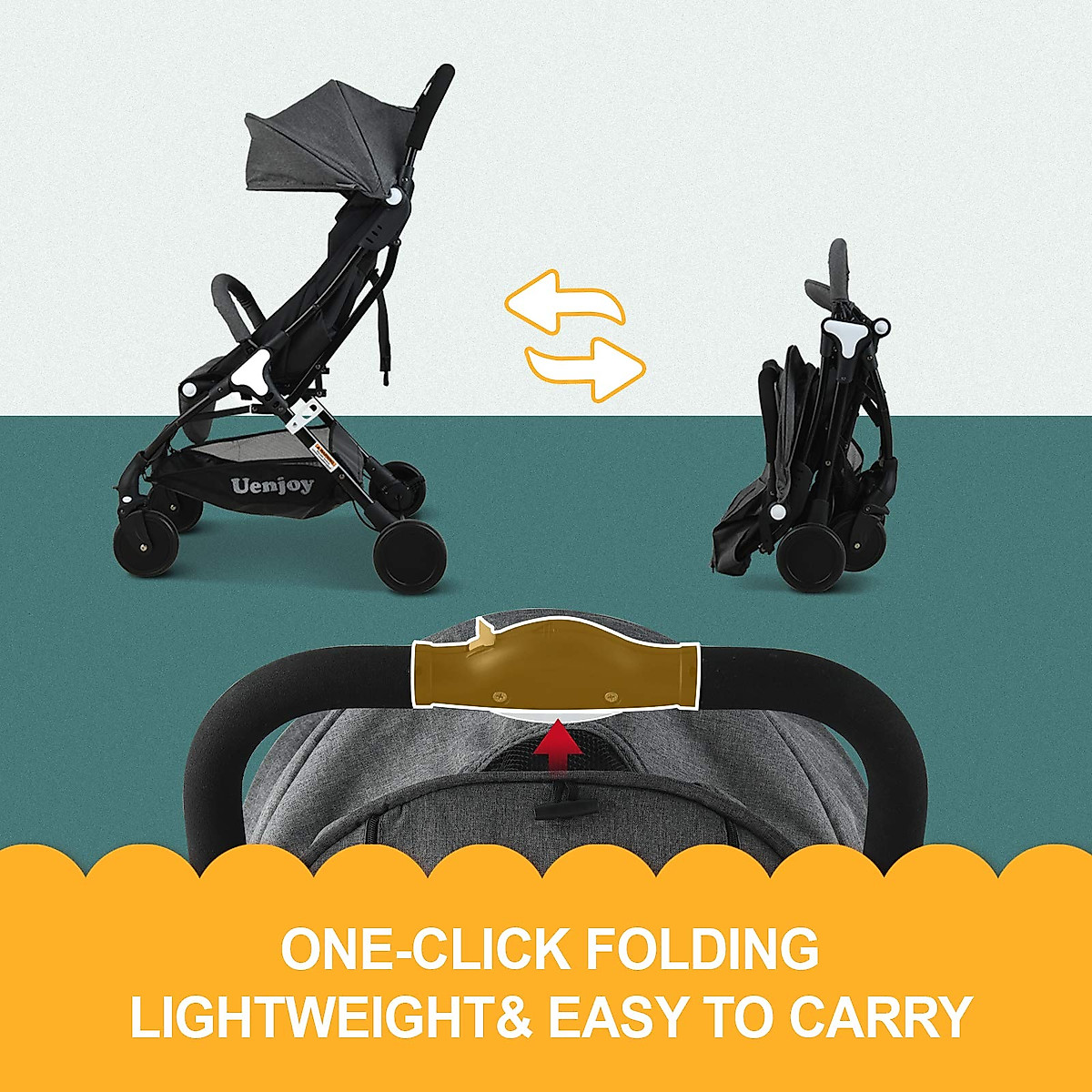 Uenjoy Baby Stroller One-Click Foldable Lightweight Stroller, with Lockable Universal Wheels, Five-Point Safety Belt, Adjustable Awning, Variable Seat and Recliner,Gray