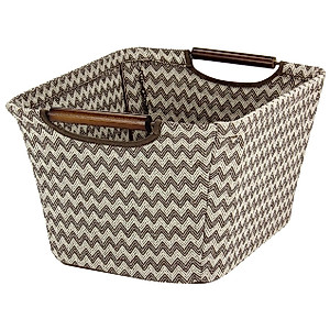 Household Essentials 660-1 Small Tapered Fabric Storage Bin with Wood Handles | Brown Chevron